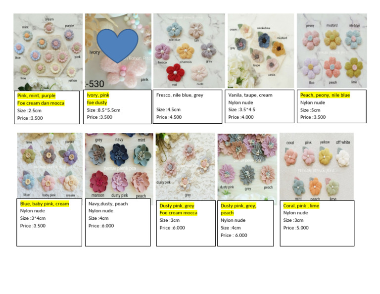 Colorful Accessories Pricing and Sizes | PDF