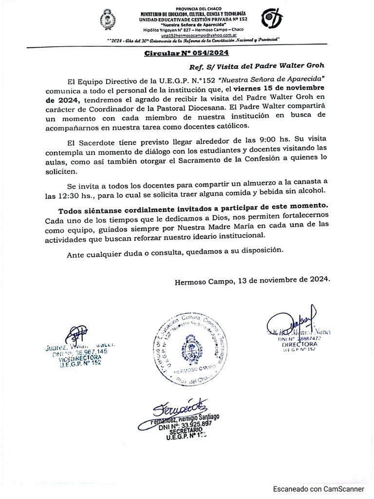 Circular #054-2024 Ref. S. Visita Del Padre Walter Groh | PDF