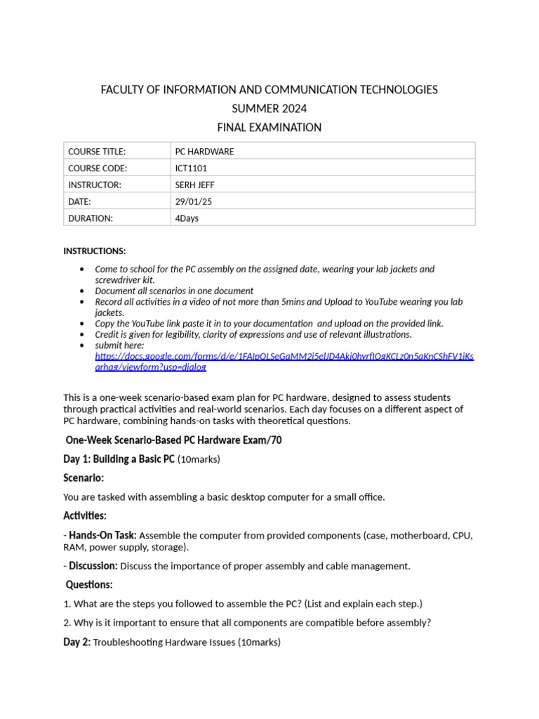 PC Hardware Exam for ICT Students | PDF | Personal Computers | Operating System