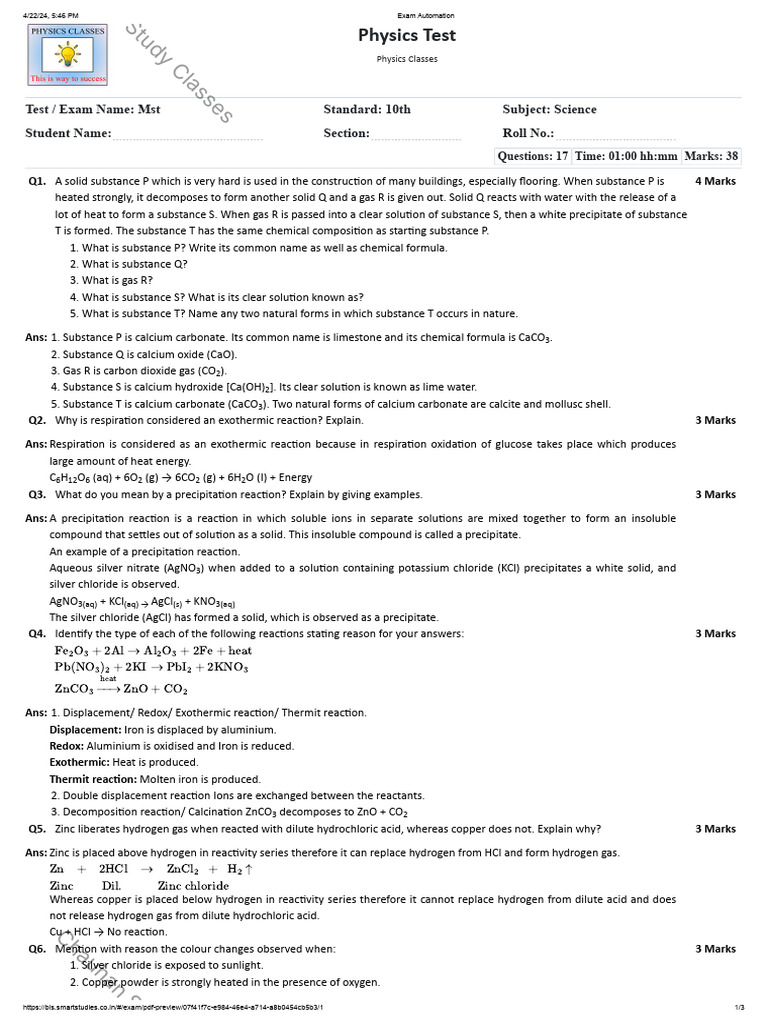 Solution of Chem Exam 1 Chapter 1 | PDF | Chemical Reactions ...