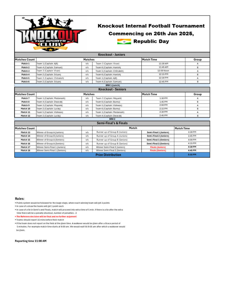 Knockout Internal Football Tournament - Fixtures | PDF | Sports ...