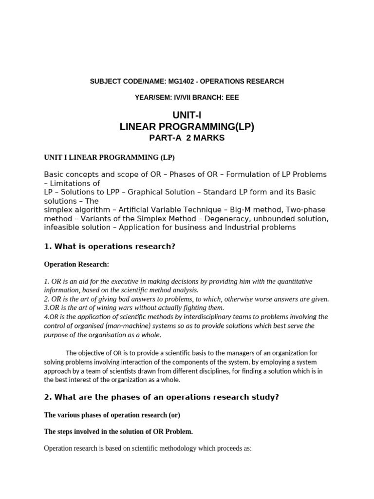 Operations Research Unit 1 and Unit 2 Two Marks | PDF | Linear Programming | Mathematical ...