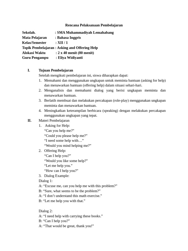 RPP Role Play: Meminta dan Menawarkan Bantuan | PDF