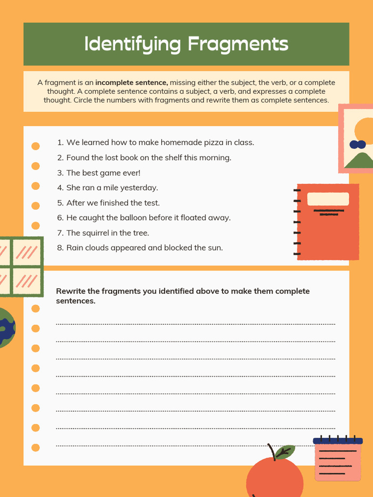 Identifying Fragments Worksheet in Flat Graphic Style | PDF