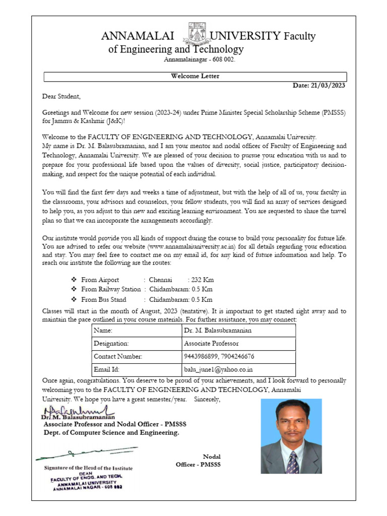 Welcome Letter for PMSSS Students 2023 | PDF | Engineering