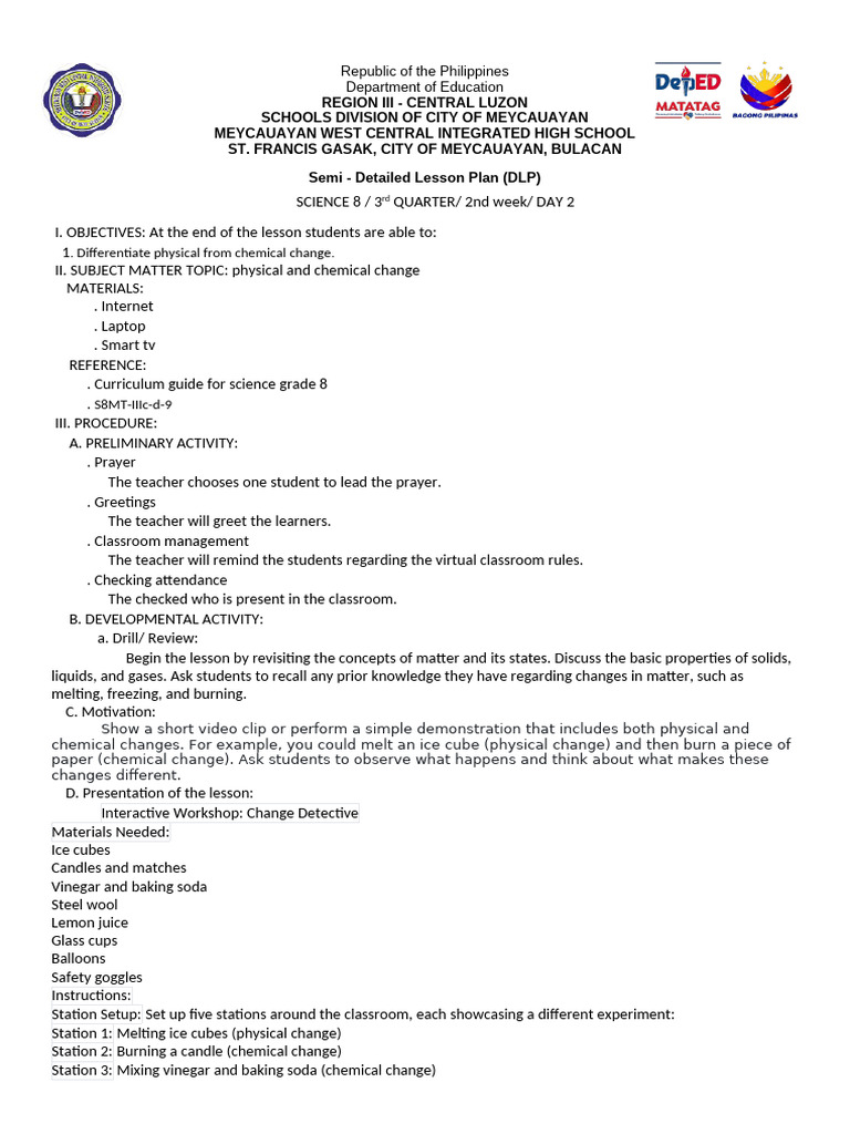 Science 8 Lesson Plan: Changes in Matter | PDF | Chemical Substances ...