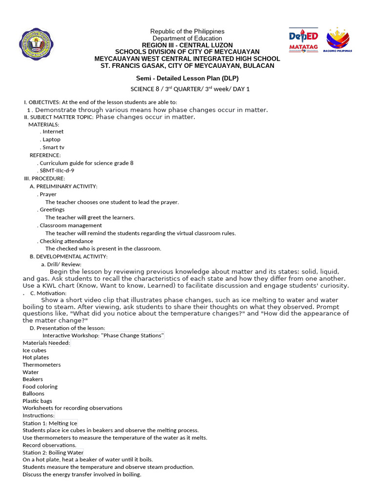3rd Quater Week 3 Day 1 | PDF | Phase (Matter) | Liquids