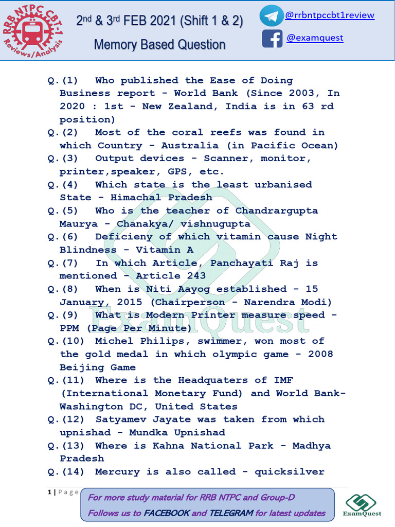 RRB NTPC 2nd & 3rd Feb Shift 1 & 2 Memory Based Asked Questions | PDF