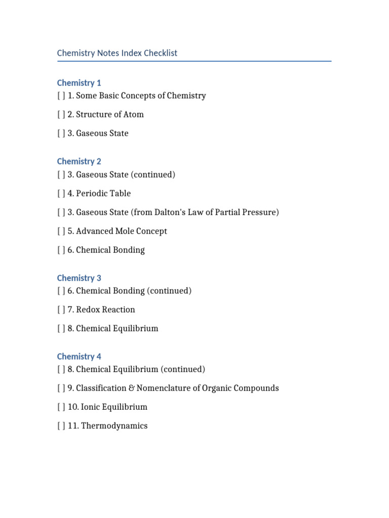 Comprehensive Chemistry Notes Checklist | PDF