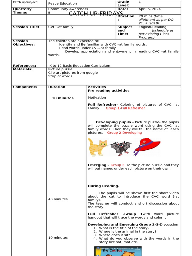 Grade1 Eng Reading - Catch Up Friday | PDF | Cognition | Learning