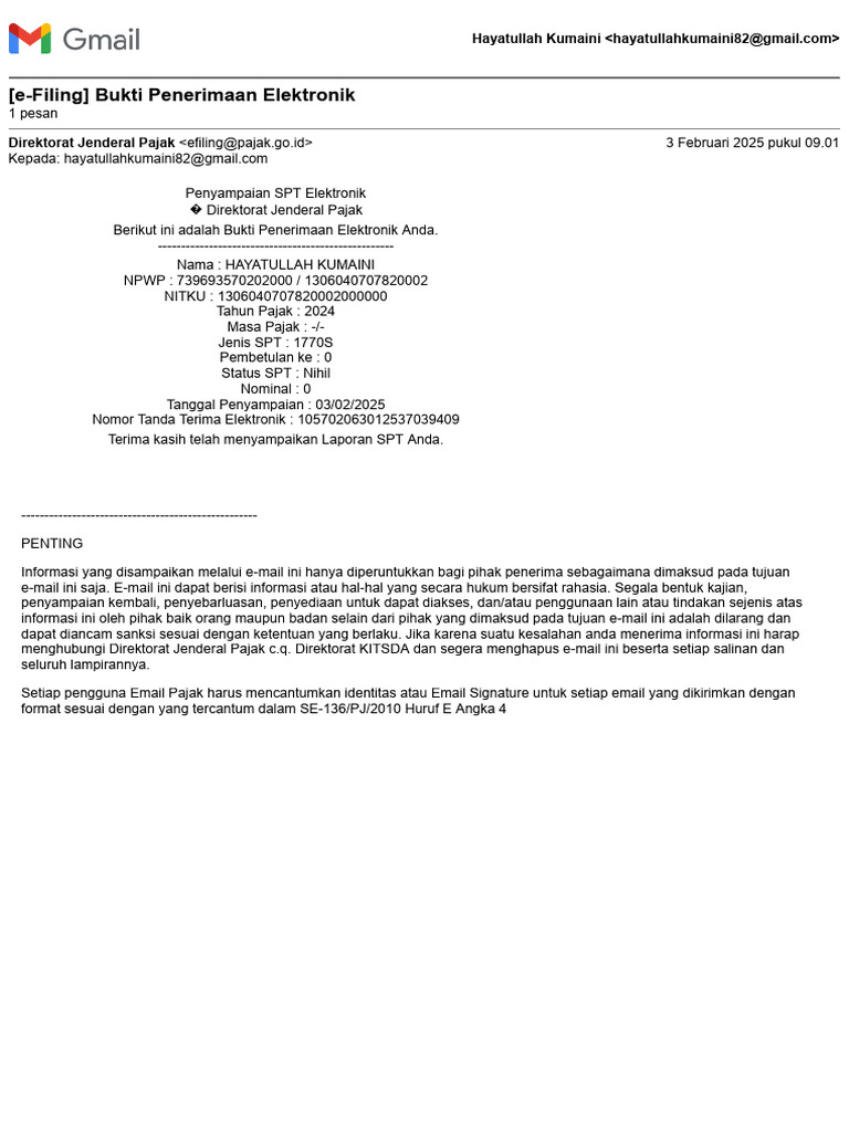 Efiling Pajak 2024 Hayatullah | PDF