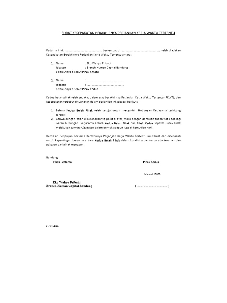 Surat Kesepakatan Berakhirnya Perjanjian Kerja Waktu Tertentu | PDF