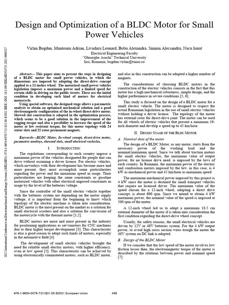 Design and Optimization of A BLDC Motor For Small Power Vehicles | PDF | Electric Motor | Magnetism