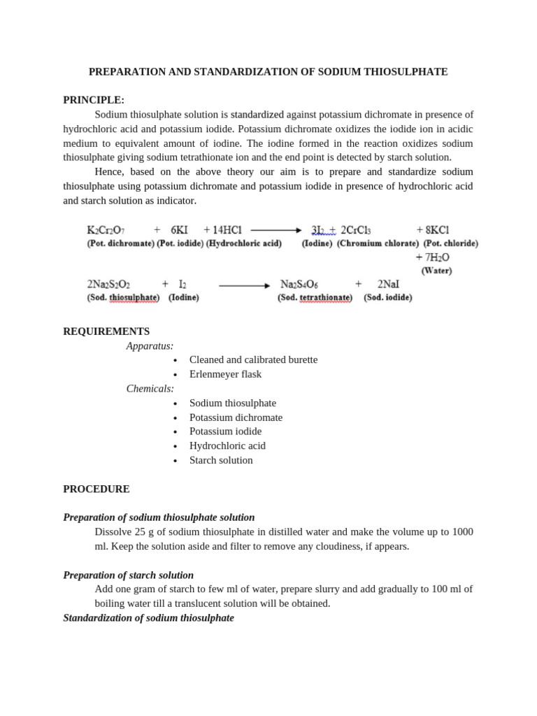 Standardizing Sodium Thiosulphate Solution | PDF | Sodium | Chemical ...