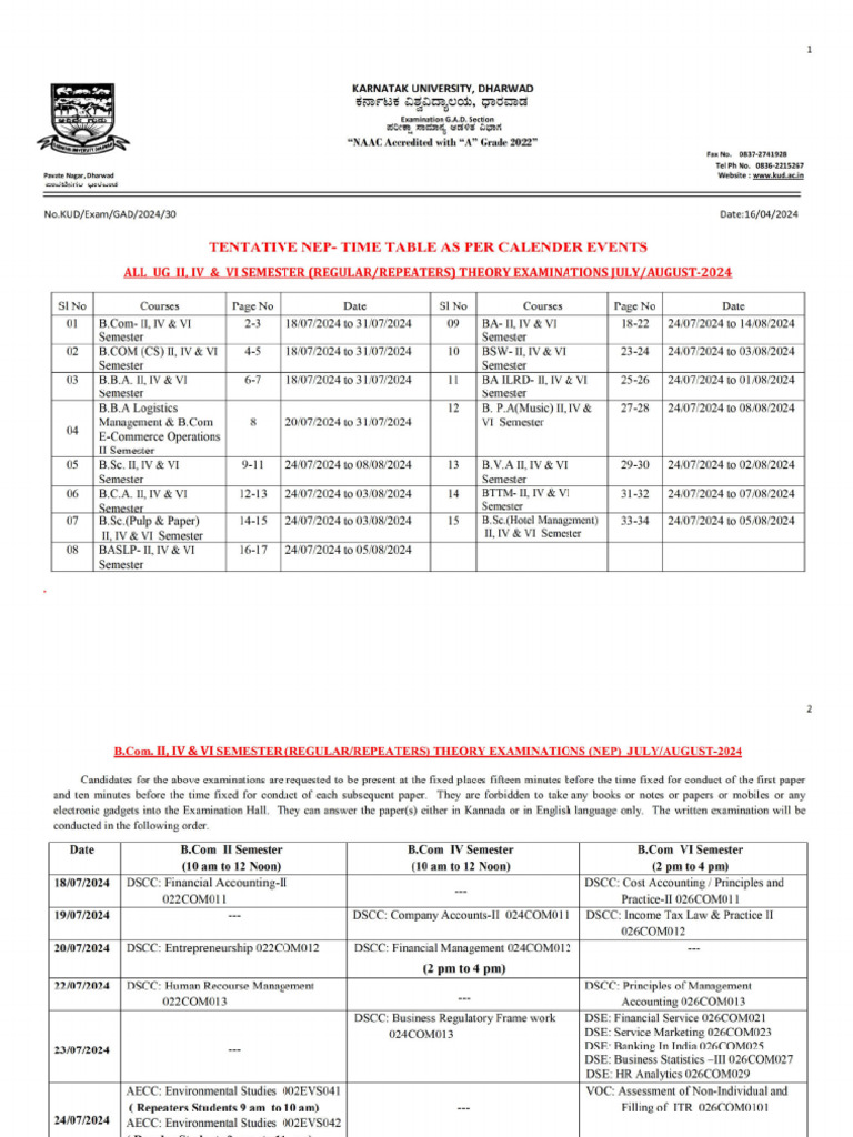 UG NEP II IV & VI SemTime Tentative Table july - August 2024 | PDF