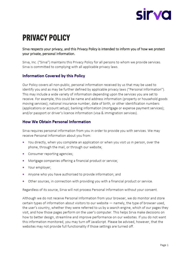 Sirva Privacy Policy Overview | PDF | Privacy | Regulatory Compliance