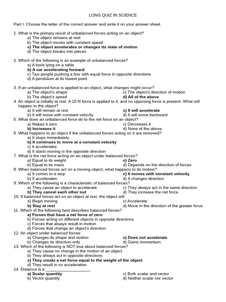Science Quiz on Forces and Motion | PDF | Force | Velocity