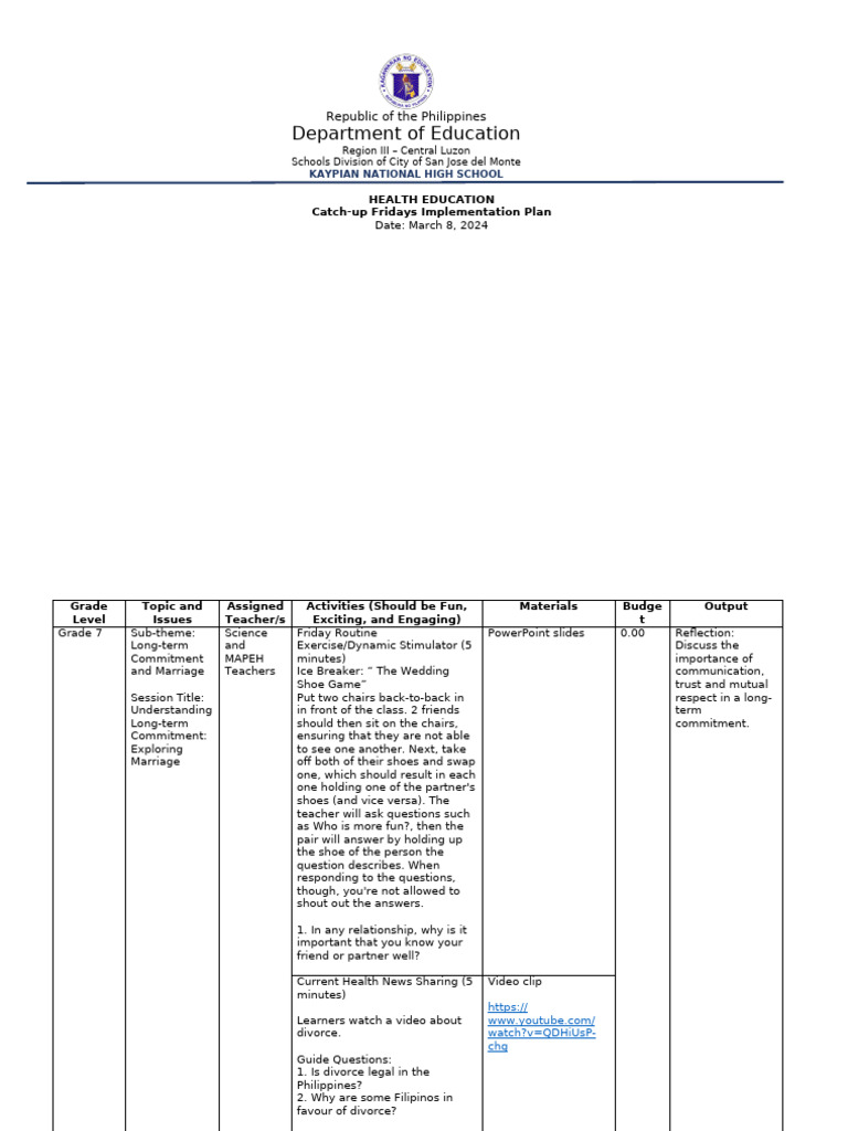 Catch-up Fridays: Health Education Plan | PDF