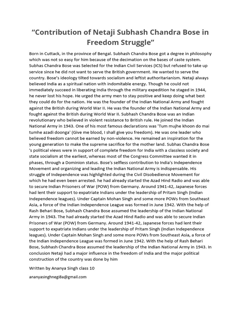 Contribution of Netaji Subhash Chandra Bose in Freedom Struggle | PDF | Indian Nationalism ...