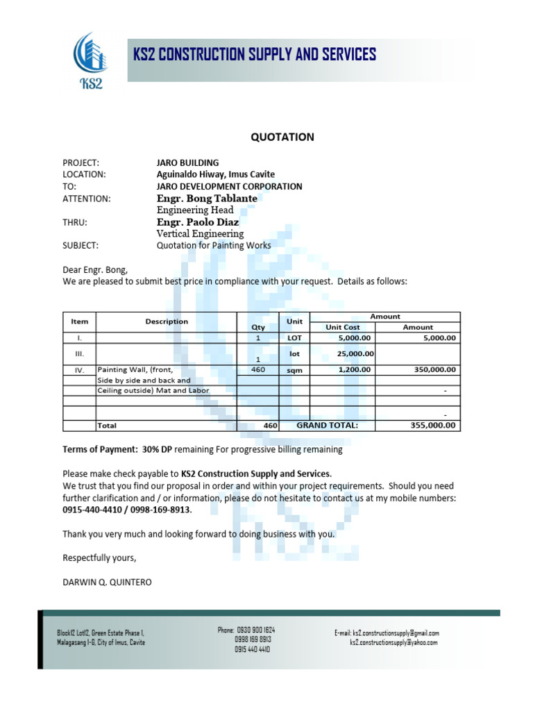 Quotation For Painting Works To Jaro Devt. Corp - REVISED | PDF