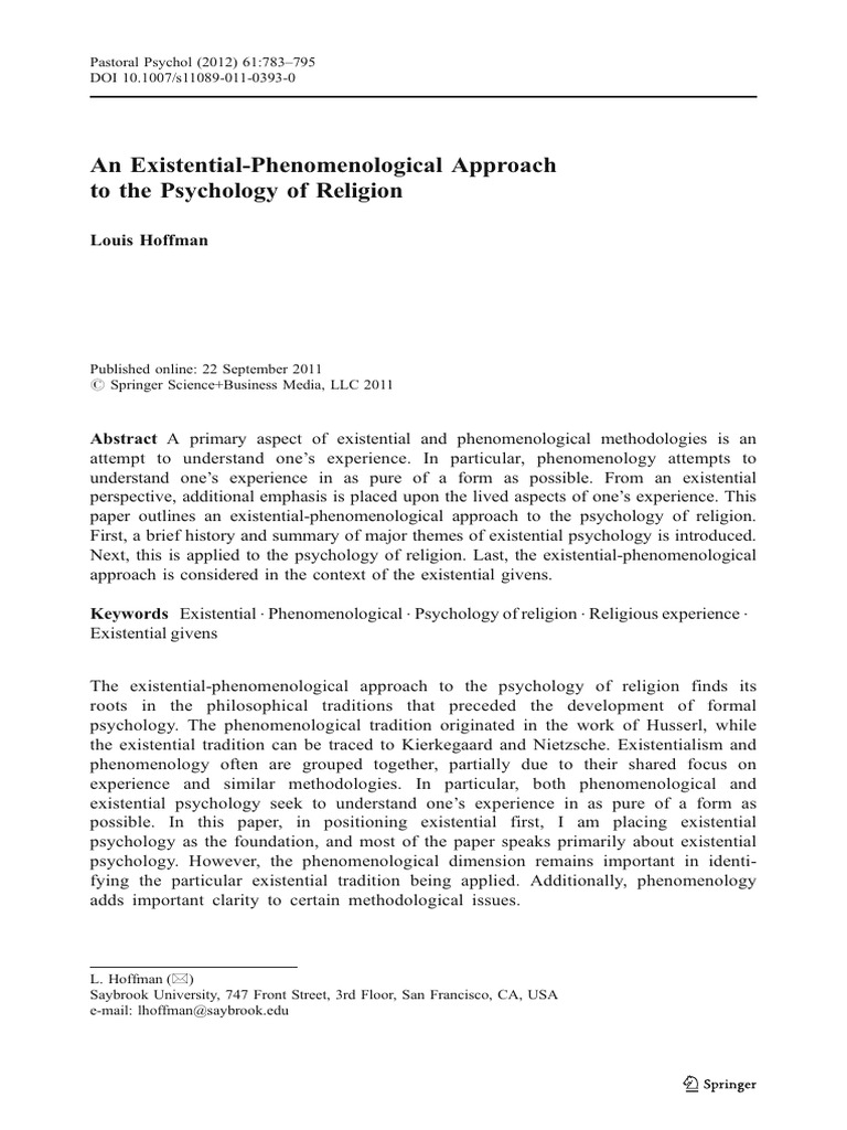 An Existential-Phenomenological Approach to the Psychology of Religion | PDF | Existentialism ...