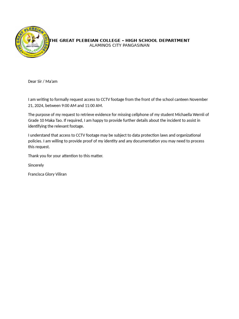 Letter To Request A Footage of CCTV | PDF