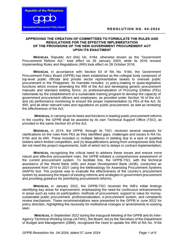 GPPB Resolution on Procurement Reform | PDF | Bill (Law) | United ...