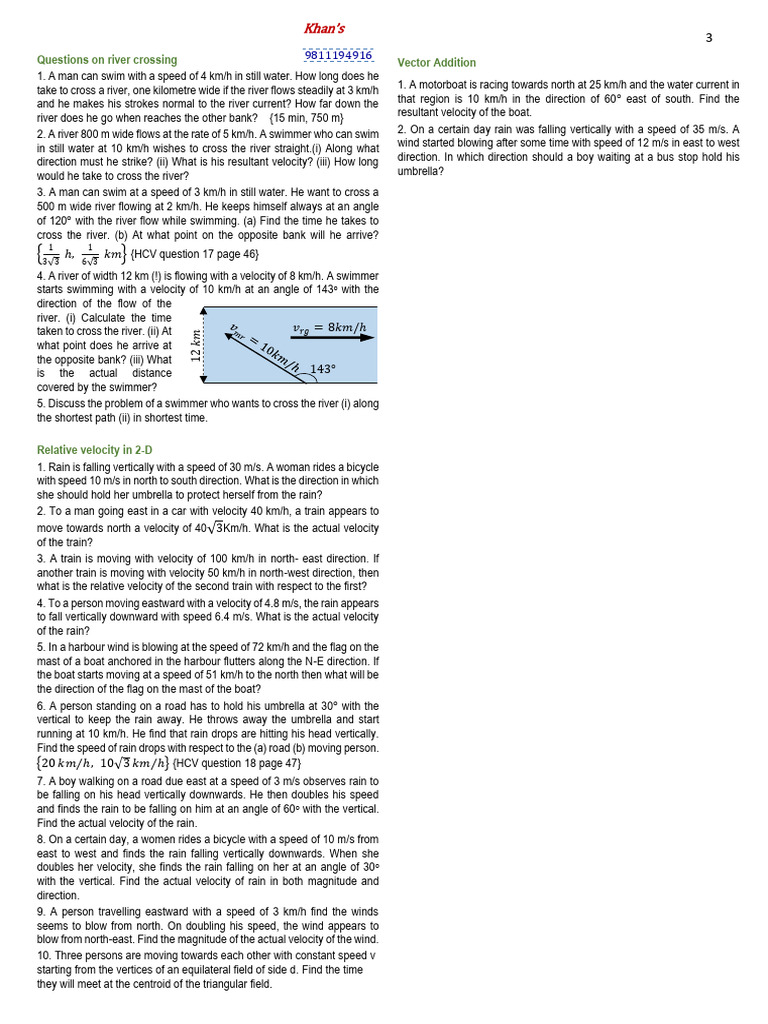 River Crossing and Relative Velocity Problems | PDF | Speed | Motion ...