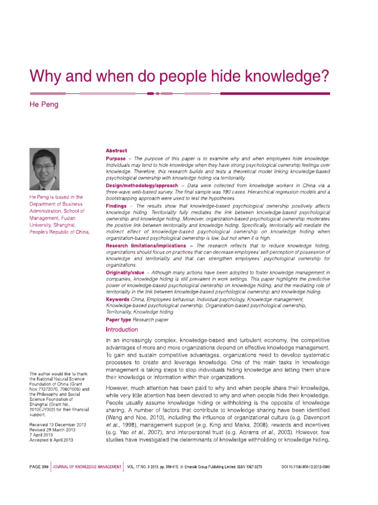 Why and When Do People Hide Knowledge | PDF