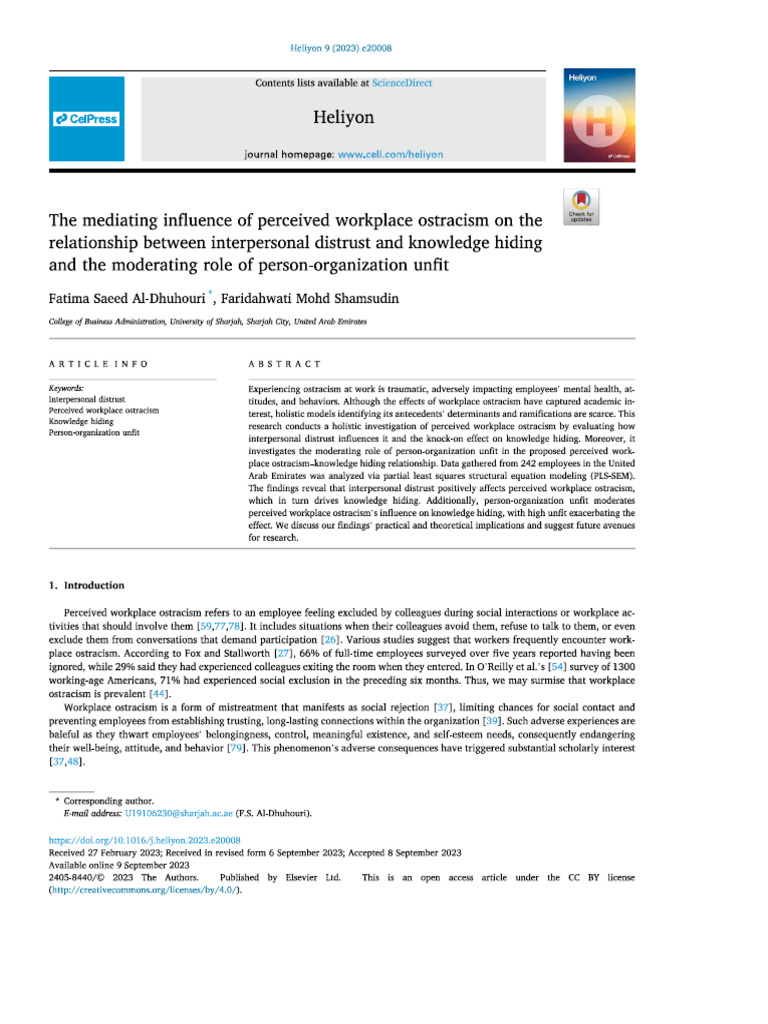 Workplace Ostracism, Interpersonal Distrust, Knowledeg Hiding | PDF