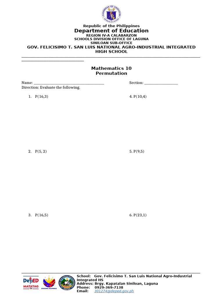 Mathematics 10: Permutation Exercises | PDF