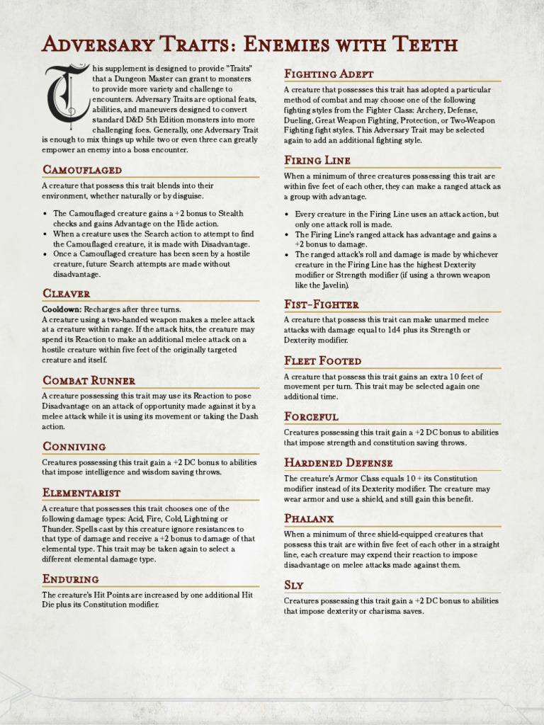 D&D Adversary Traits for Monsters | PDF | Military
