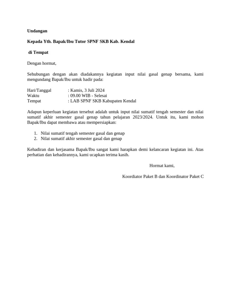 Undangan Input Nilai SPNF SKB | PDF