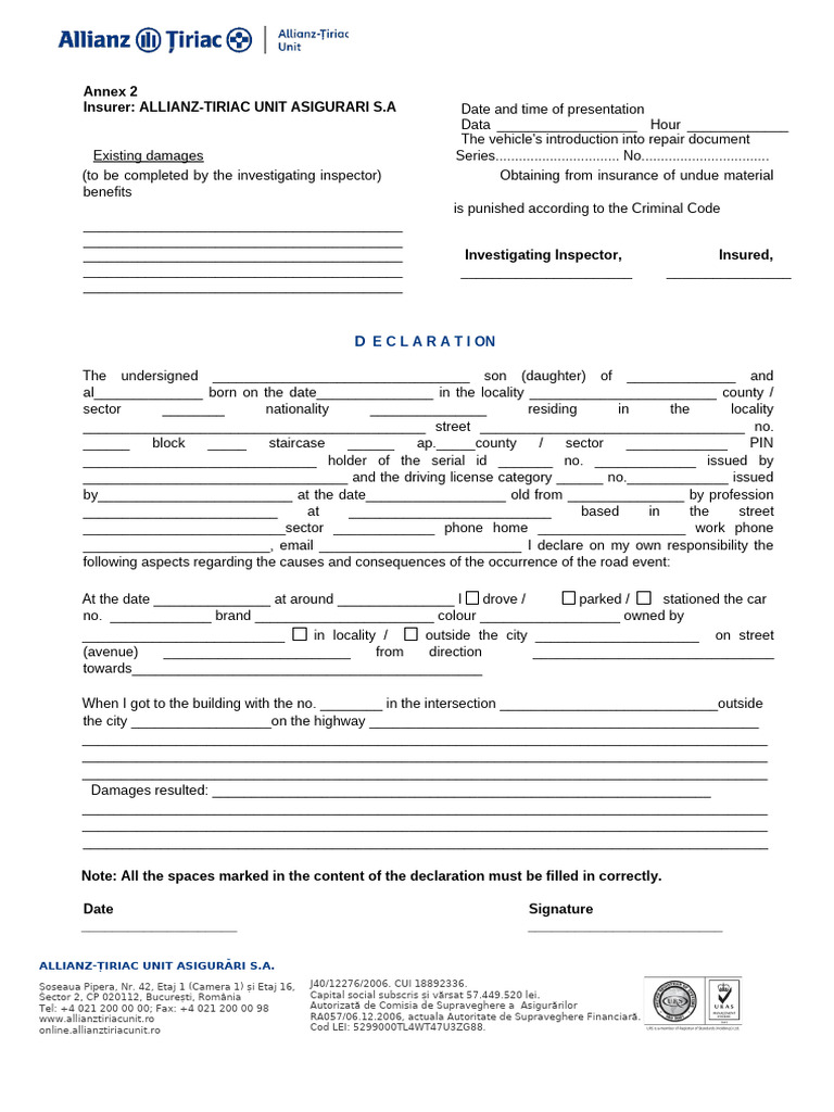 Declaratie Dauna ENGLEZA | PDF | Transport | Land Transport