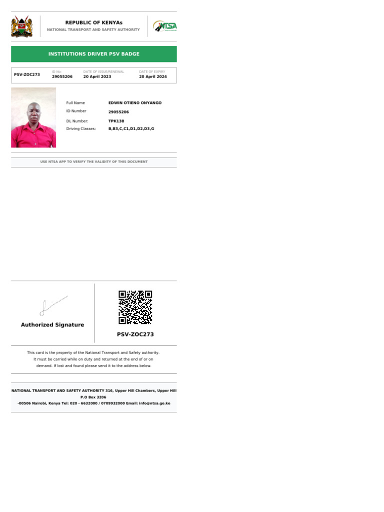 Kenyan PSV Driver Badge Details | PDF