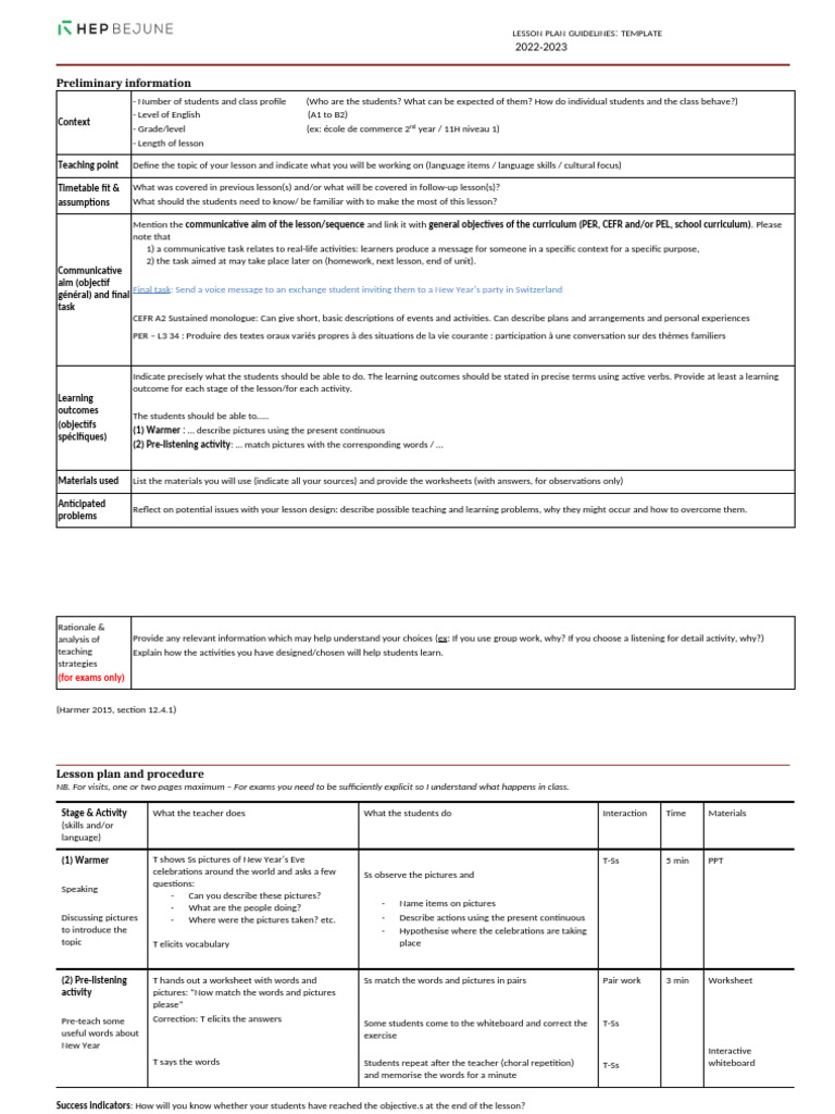 Lesson Plan Guidelines - Final Bejune 2022 - 23 | PDF | Lesson Plan ...