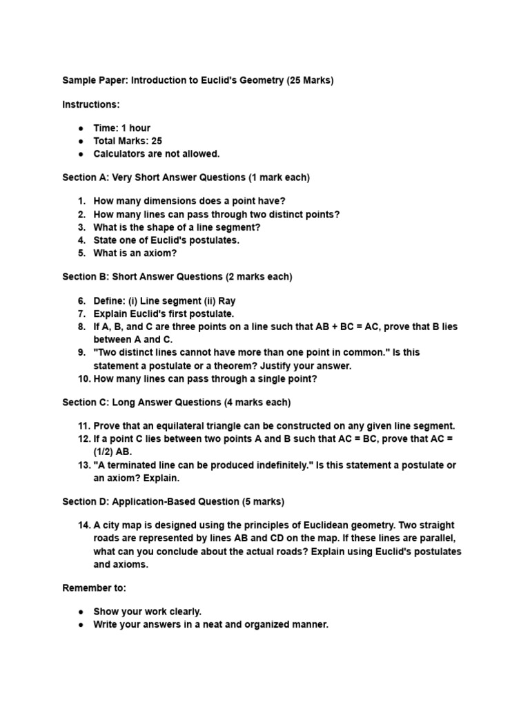Sample Paper - Introduction To Euclid's Geometry (25 Marks) | PDF