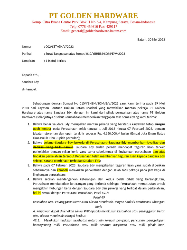 Tanggapan Somasi PT Golden Hardware | PDF