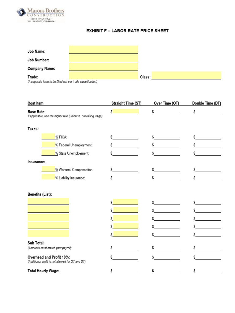 Ex. f Labor Rate Price Sheet Union | PDF | Labour Economics | Labor ...