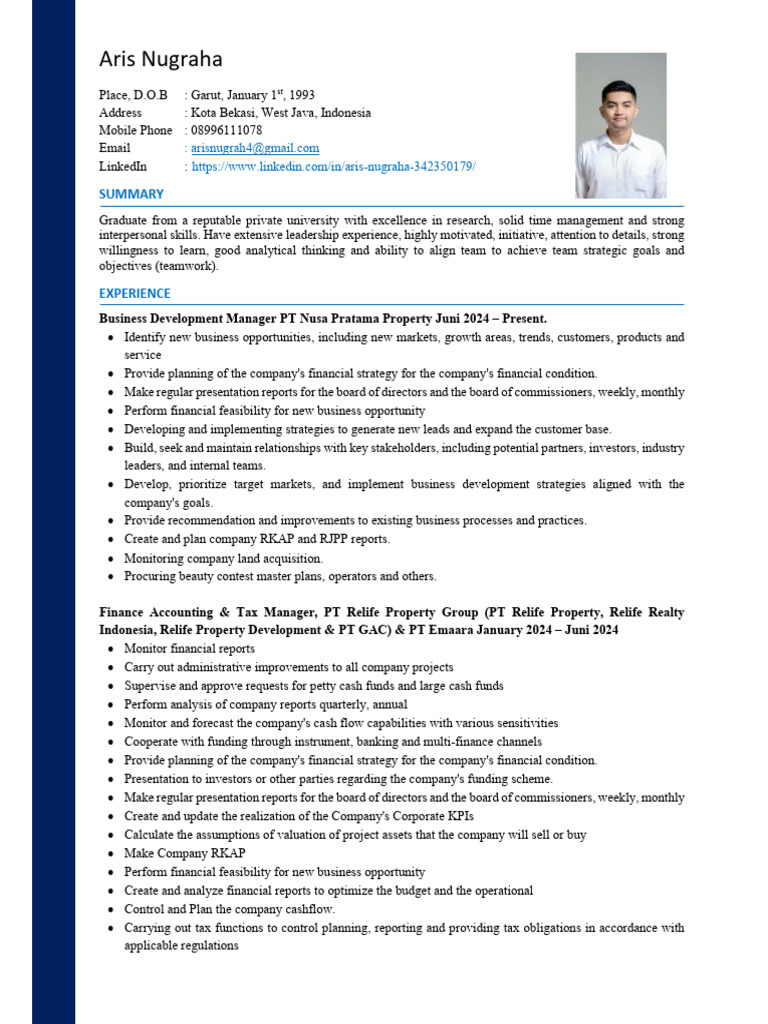 Aris Nugraha Finance & Acc Manager Resume | PDF | Valuation (Finance) | Budget