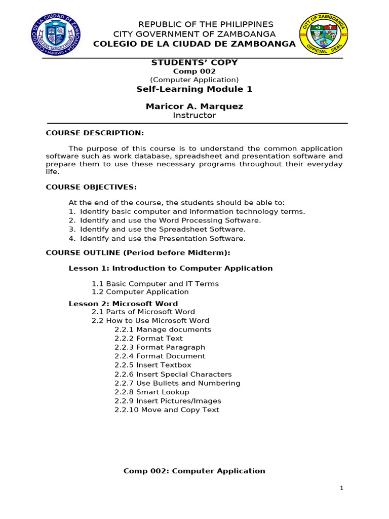 COMP 002 Computer Application STUDENT | PDF | Window (Computing) | Graphical User Interfaces