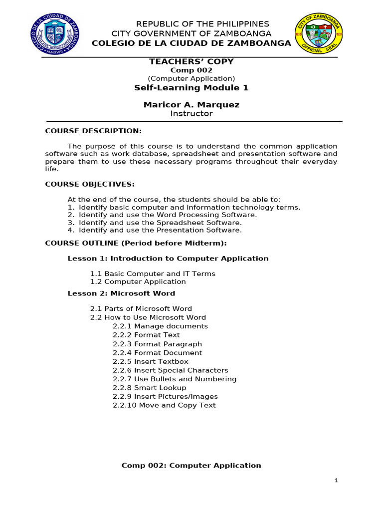 COMP 002 Computer Application Module TEACHERS | PDF | Window (Computing) | Graphical User Interfaces