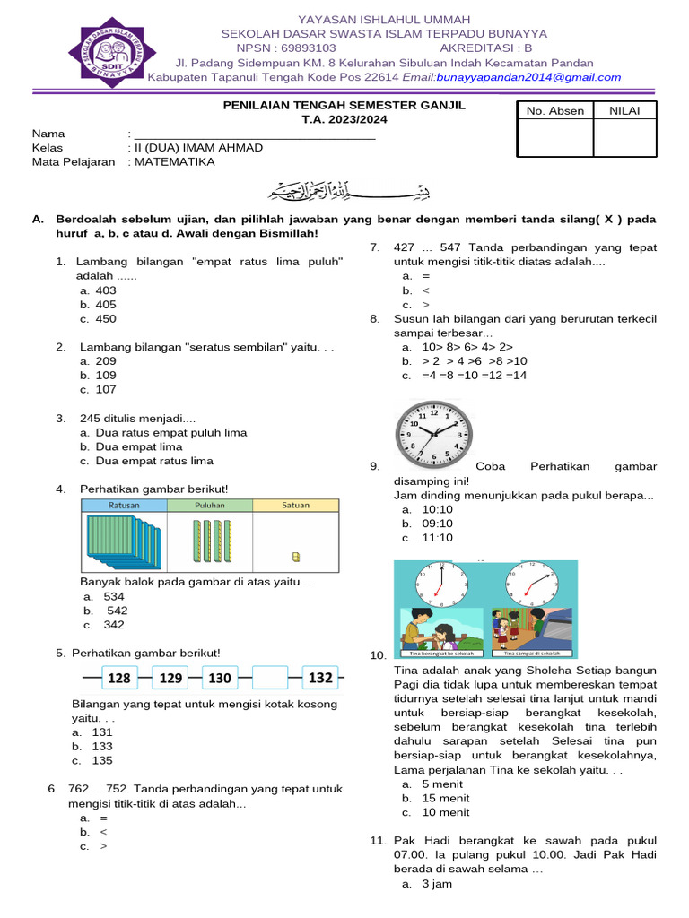 Soal Pts Ganjil Matematika Imam Ahmad-1 | PDF