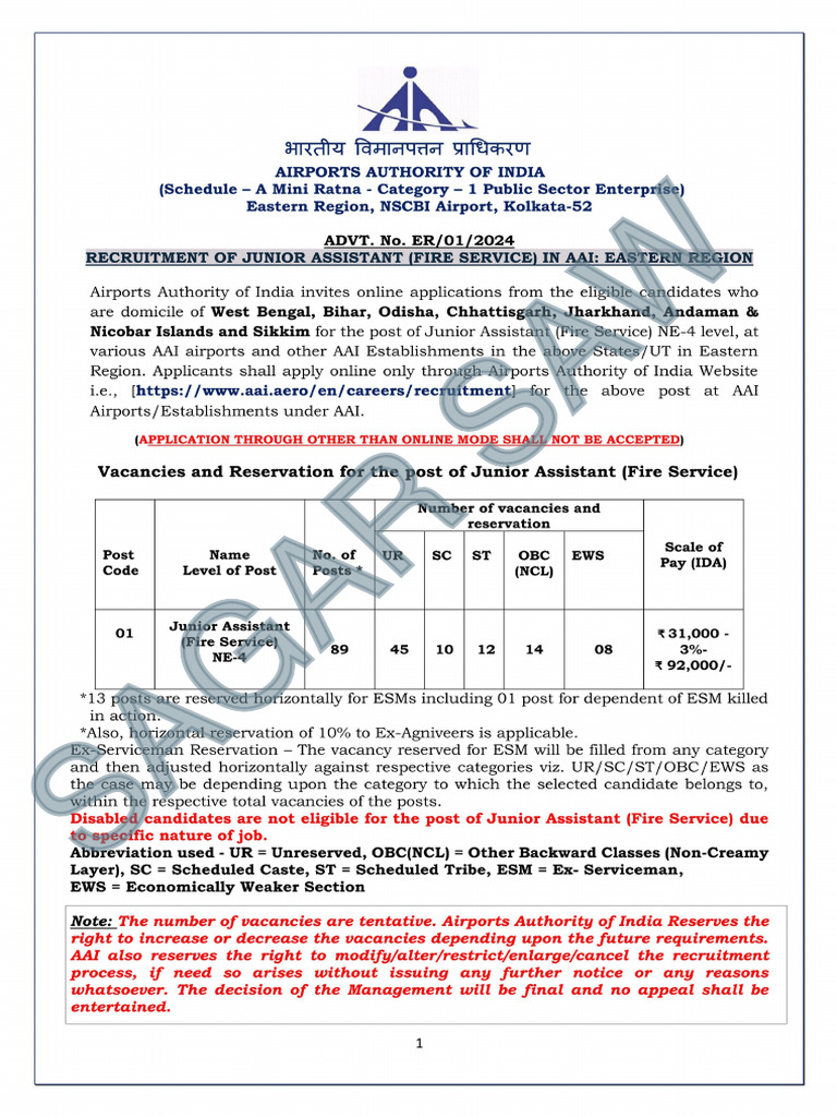 Notification AAI Junior Assistant Fire Service Posts | PDF