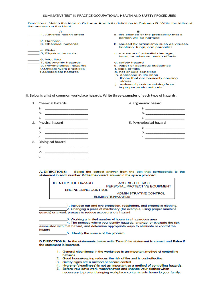 Workplace Health & Safety Hazards Test | PDF