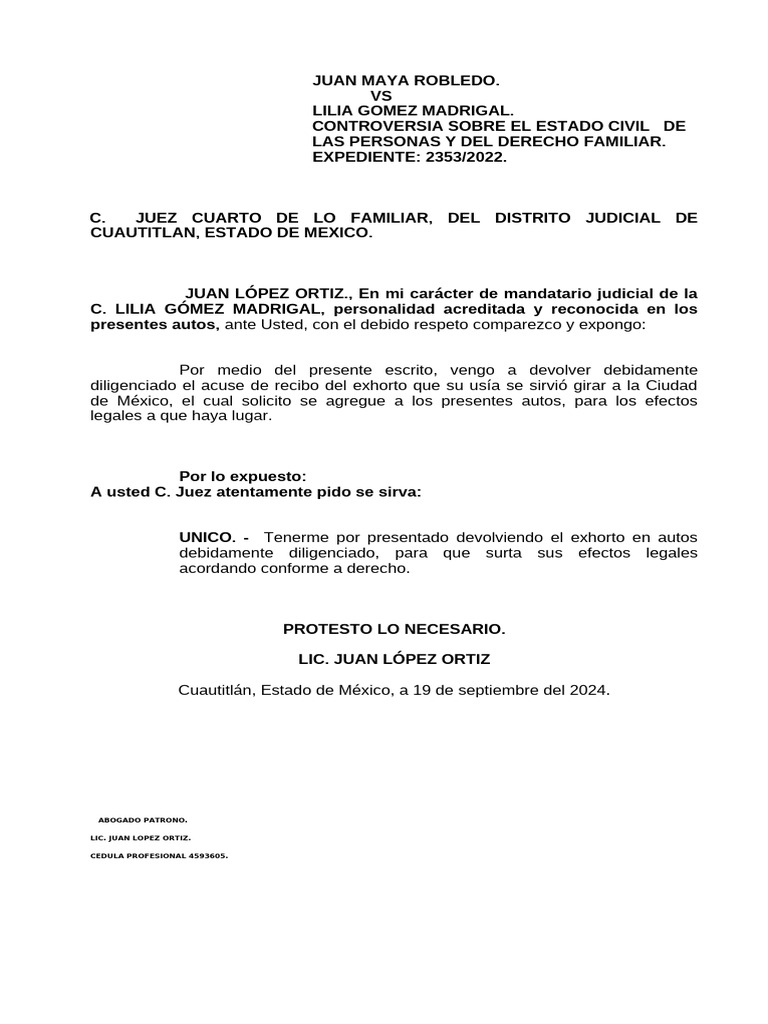 Devolución Exhorto Diligenciado 19 Sep. 2024 | PDF