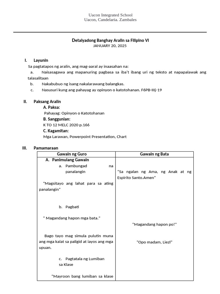 Uis DLP in Filipino Week 6 Day 1 | PDF