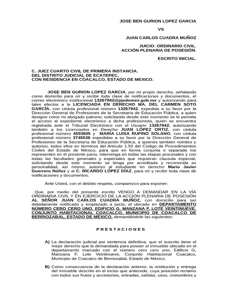 Demanda de Posesión en Coacalco | PDF | Demanda judicial | México