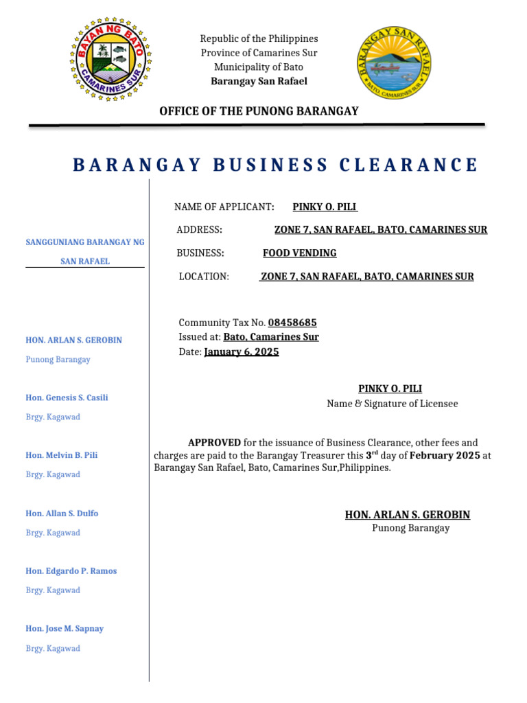 Barangay Business Clearance: Office of The Punong Barangay | PDF