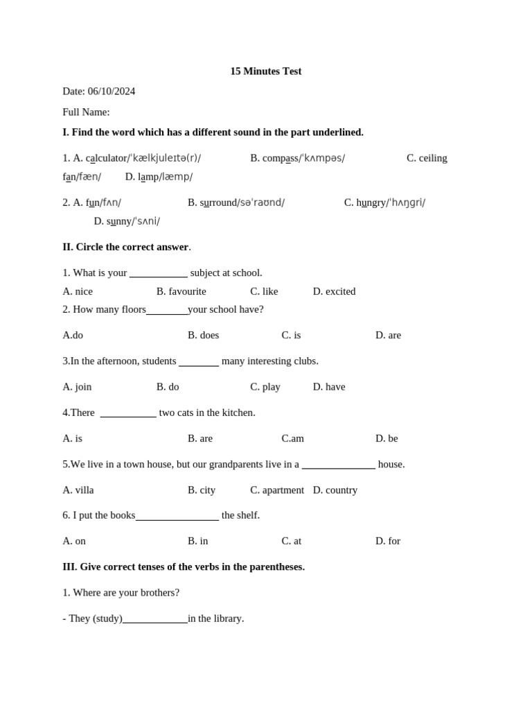 15-Minute English Test for Students | PDF
